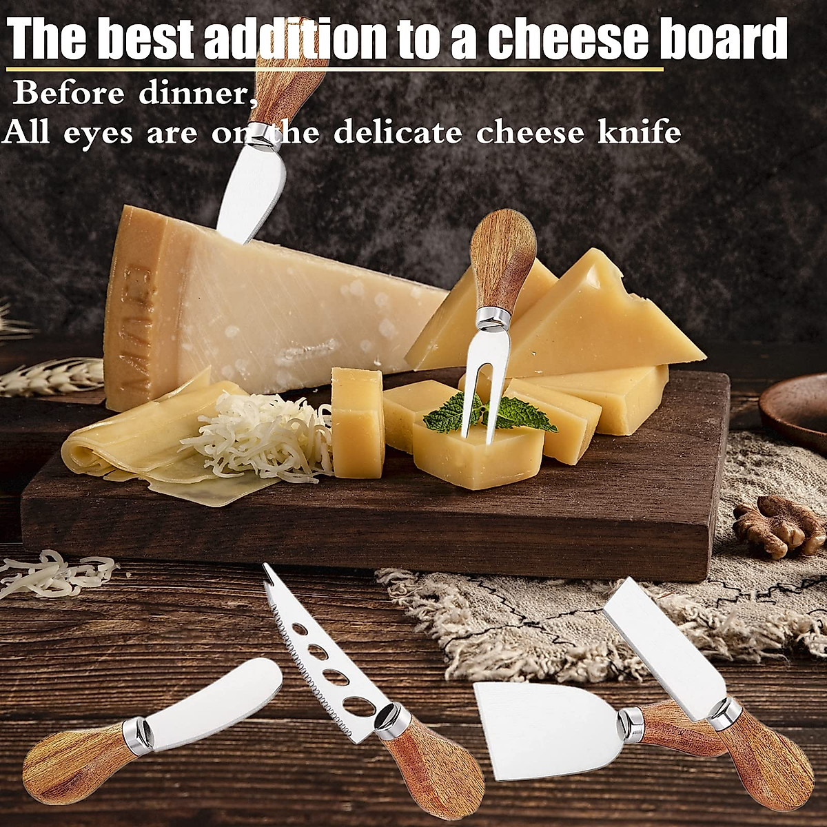 BUVLIVU Exquisite 6-Piece Cheese Knife Set- Stainless Steel Cheese Knife Set for Charcuterie Board (Wood Handle) with Gift Box, Cheese Spreader Knife Set, Charcuterie Utensils(Gift-Ready)