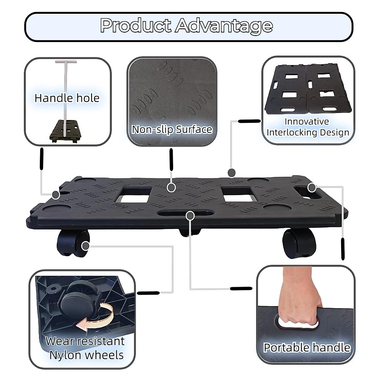 HBFBDRCT Furniture Dolly Spliceable Movers 2 Packs, Securely Holds 220 Lbs, Moving Dolly Cart for Heavy Furniture, Piano, Fridges, Boxes, 5 Wheels Dolly Rolls, No Assembly Required (Black Dolly)