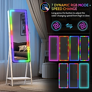LVSOMT RGB LED Jewelry Mirror Cabinet, Standing Jewelry Armoire Organizer, Stand Up Full-Length Mirror with Jewelry Storage, LED Lighted Floor Mirror, 14 Lights + Dimmable + Adjustable Speed, White