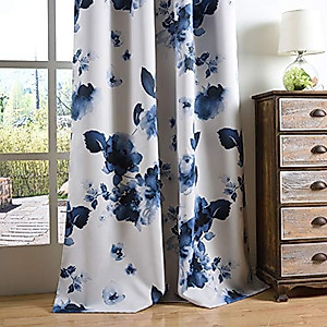 Taisier Home 84 Inch Grommet Room Darkening Window Curtain Drapes, Chinese Traditional Ink Painting Stylized Leaves and Flower,Artwork,Deep Blue Print Curtains for Living Room Bedroom and Nursery