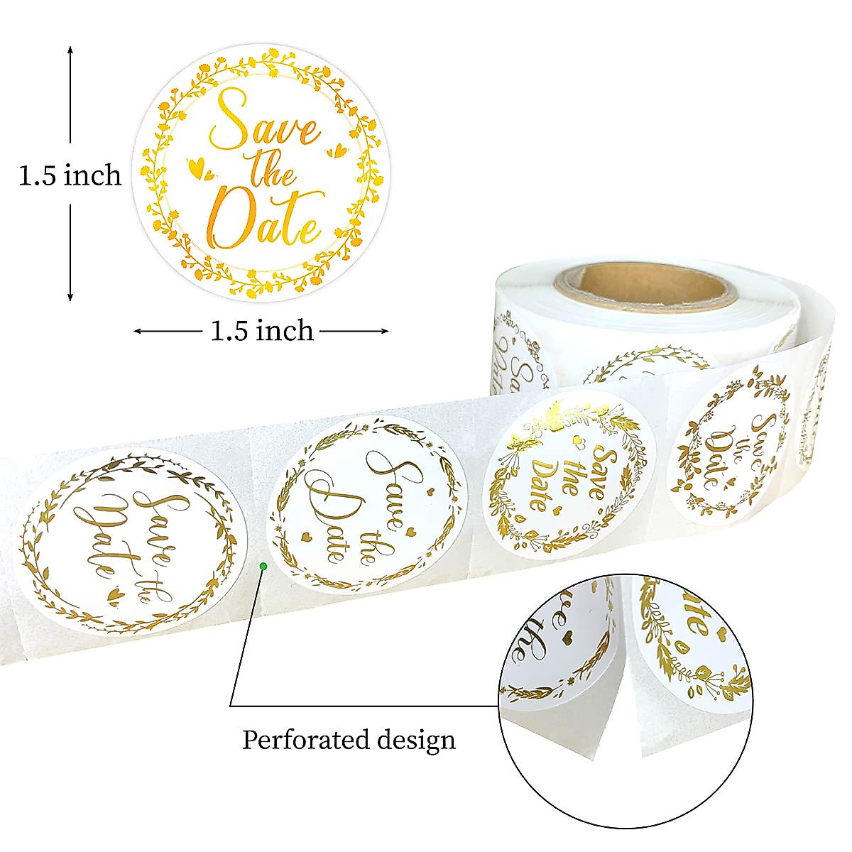 Save The Date Stickers Labels 500 Pieces Per Roll Real Gold Foil Embossed Envelope Stickers for Birthday Wedding Baby Shower Party Invitation 1.5 Inch