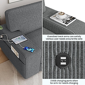 Yaheetech 83.5" W Modern Sofa Couch Corduroy Fabric Sofa with USB Charging Ports & Side Storage Pockets for Living Room Apartment, Dark Gray