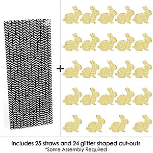 Gold Glitter Bunnies Party Straws - No-Mess Real Gold Glitter Cut-Outs & Decorative Easter Paper Straws - Set of 24