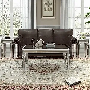 3-Piece Coffee table and End Tables Set,Glass Mirrored Coffee Table with Adjustable Height Legs and Crystal Design,Fashionable Cocktail Table,Easy Assembly Rectangular Glass Coffee Table,Silver