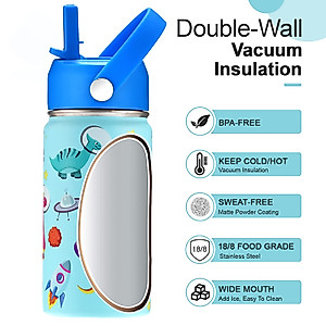 WEREWOLVES 14oz Kids Water Bottle with Straw Lid, Shoulder Strap and Boot - Insulated Stainless Steel, Reusable Leakproof Metal Water Bottles for School (Space Dinosaur (Strap), 14 oz)