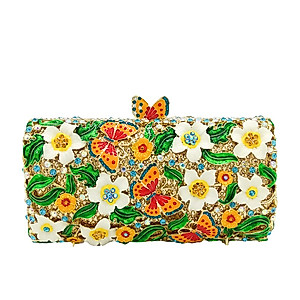 Boutique De FGG Flowers & Butterfly Women Crystal Clutch Evening Bag Wedding Party Rhinestone Handbags (Small,Orange White)