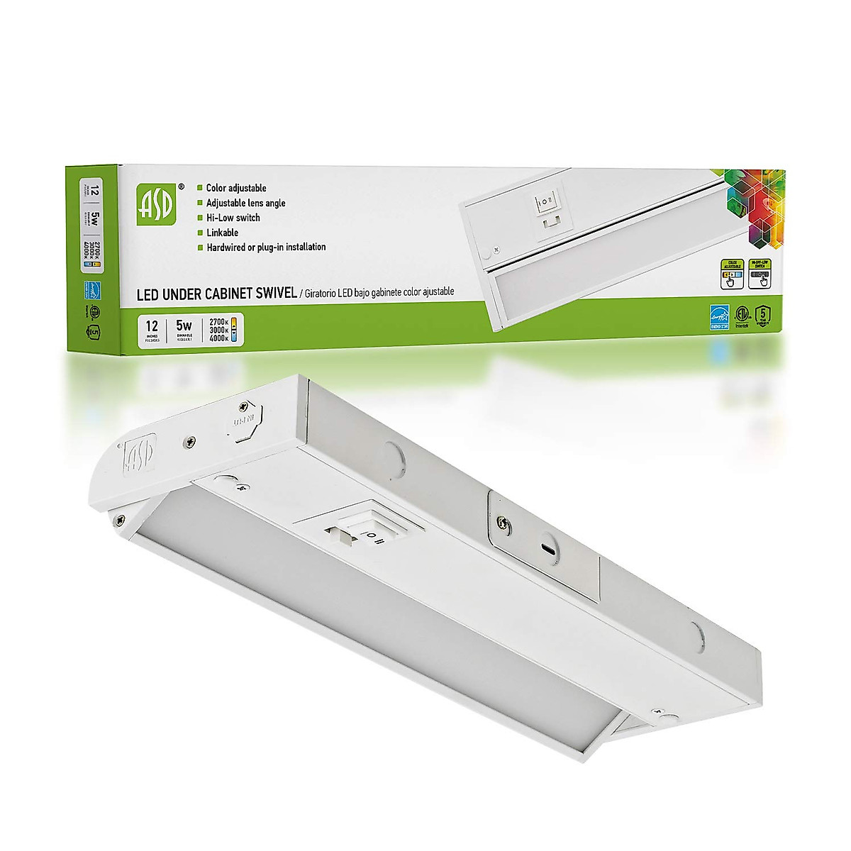 ASD Swivel LED Under Cabinet Lighting, 12 Inch 5W, Hardwired or Plug-in, 2700K/3000K/4000K Selectable, Rotatable Lens, Dimmable Linkable Under Counter Light for Kitchen, ETL & Energy Star