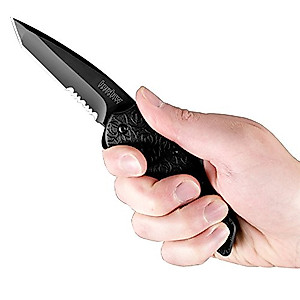 Kershaw Kuro Tanto Black Serrated Pocket Knife, 3.1” Steel Blade with Assisted Opening, Glass-Filled Nylon Handle with Deep-Carry Pocketclip, Small Folding Knife