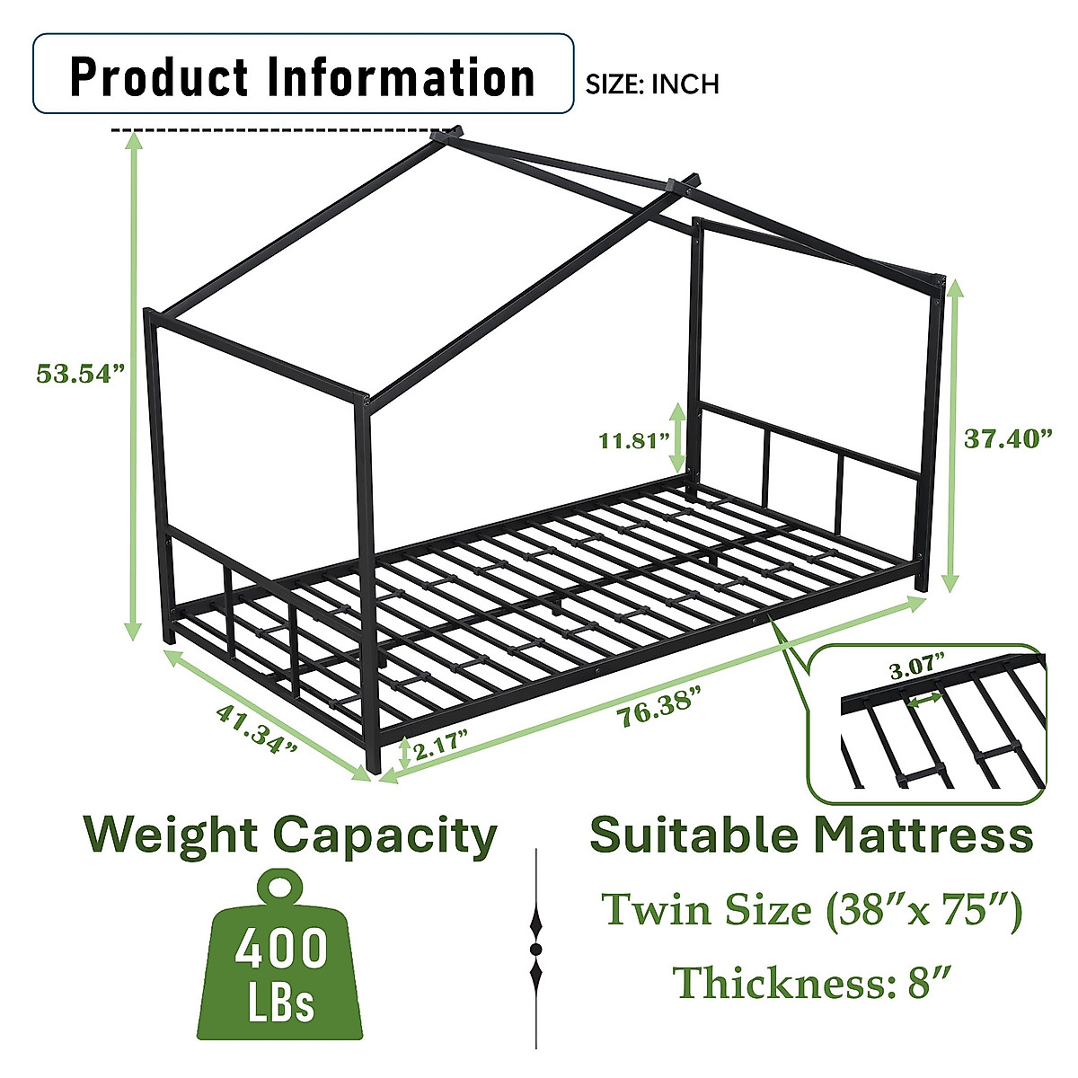 PVWIIK Twin Size Montessori Toddler Floor Bed with Headboards and Footboards, Metal House-Shaped Bed Frame with Soundproof Strip for Girls and Boys, Kids Playroom, No Box Spring Needed (Black)