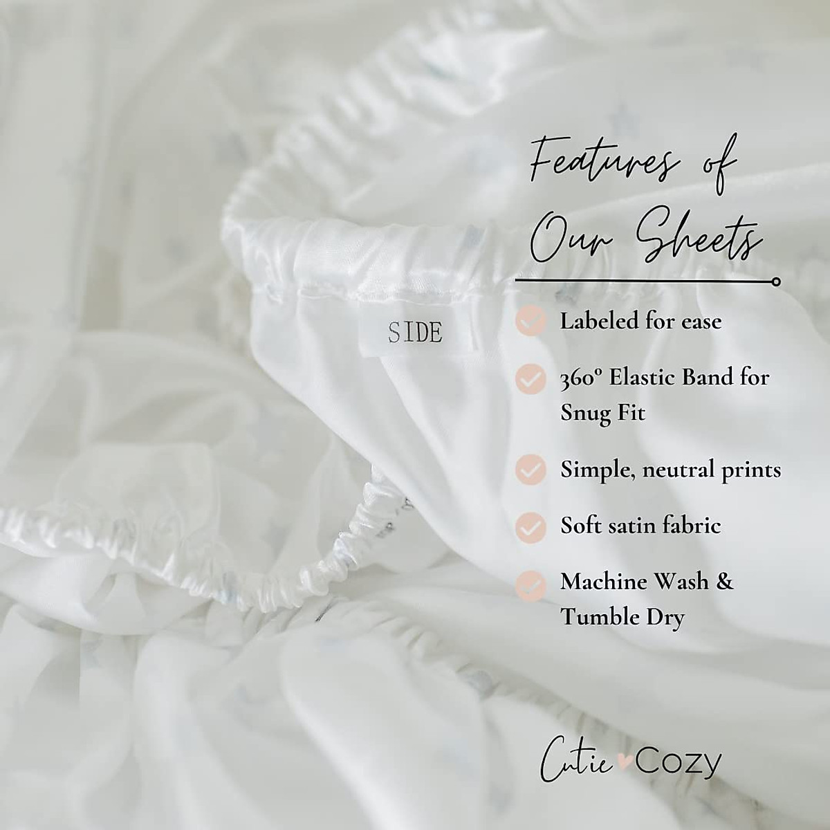 CutieCozy Satin Fitted Crib Sheet (2 Pack) Premium Oeko-TEX Certified Satin Crib Sheet Set, Prevents Bald Spots Like Silk Crib Sheets for Baby Hair (White with Light Gray Hearts & Stars)