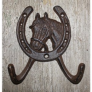 ESKONI Cast Iron Rustic Ranch Horse Head 2 Hook Coat Hooks Rack Towel Horseshoe, Coat Hook,Hat Hook Wall Mounted,Wall Hook,Coat Hanger,Hooks for Bath,Kitchen,Garage
