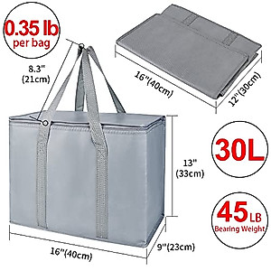 CIVJET Insulated Grocery Shopping Bags, X-Large Reusable Tote Bag for Travel, Doordash Food Cooler/Hot Delivery Bag, 3-Pack, Gray