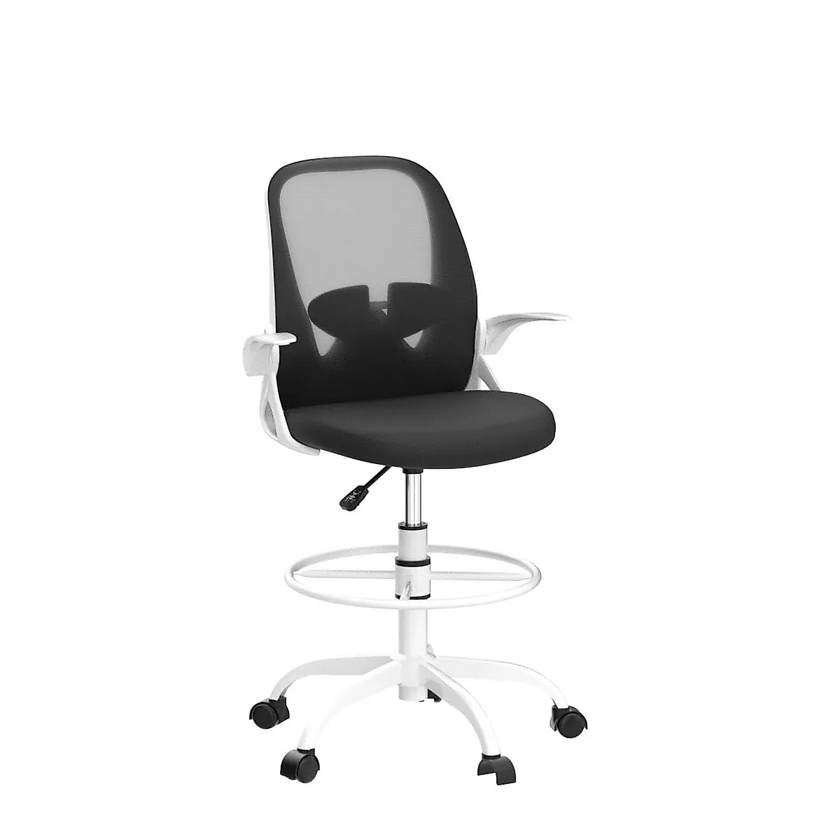 Primy Drafting Chair Tall Office Chair with Flip-up Armrests Executive Ergonomic Computer Standing Desk Chair with Lumbar Support and Adjustable Footrest Ring(White)