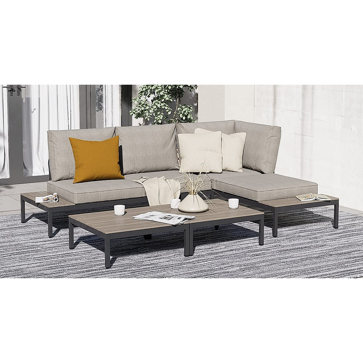 Grand patio Outdoor Sectional Sofa Set, Aluminum Frame Conversation Set with Cushion & Woodgrain Built-in Side Coffee Table, 4-Piece Modern Furniture Set for Poolside, Backyard, Deck