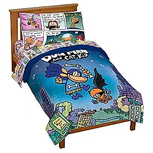 Jay Franco Dog Man Supa Buddies 4 Piece Toddler Bed Set - Includes Comforter & Sheet Set - Bedding Features Cat Kid & Lil' Petey - Super Soft Fade Resistant Microfiber (Official Dog Man Product)