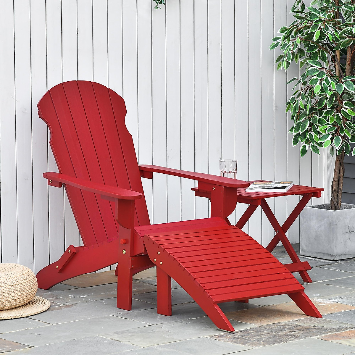 Outsunny 3-Piece Folding Adirondack Chair with Ottoman and Side Table, Outdoor Wooden Fire Pit Chairs w/High-Back, Wide Armrests for Patio, Backyard, Garden, Lawn Furniture, Red