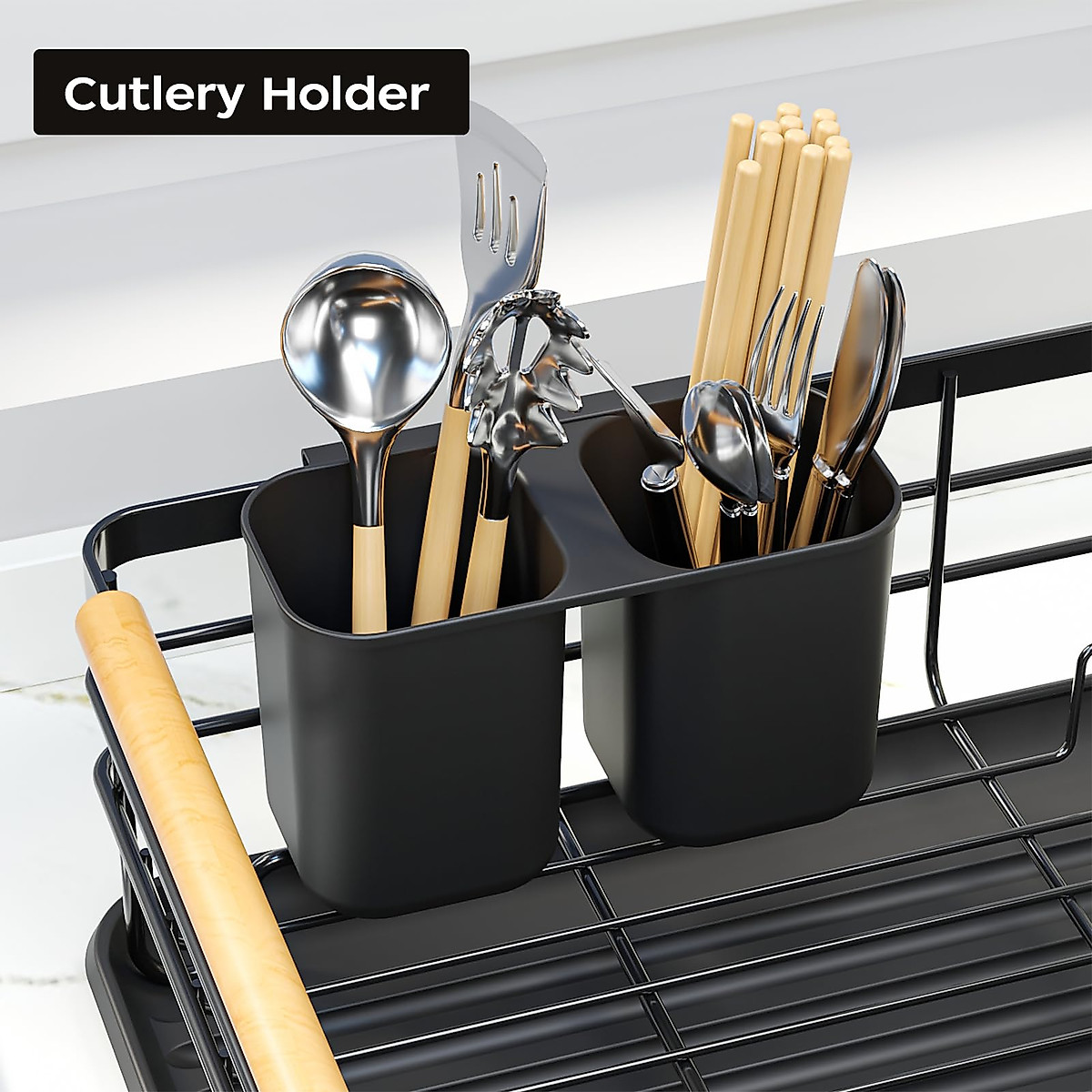 jouzevic Dish Racks for Kitchen Counter: Wooden Handles, Thickened Metal, No Assembly. Small Dish Drying Rack: Ideal for Small Households. Drying Rack Kitchen: Black
