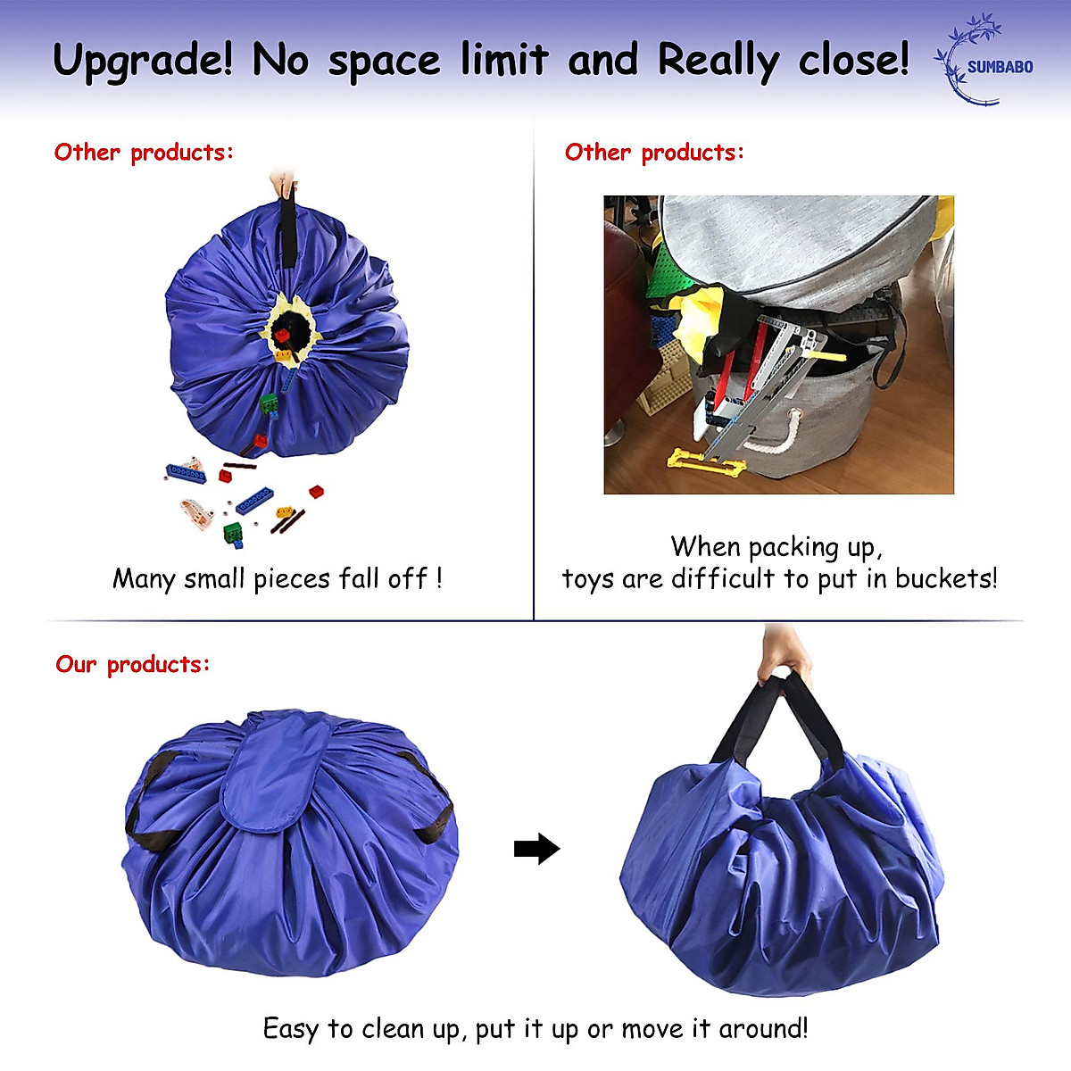 Toy Storage Mat Bag by Drawstring for Lego - Play Mat Bag Toy Storage Container for Kids with Cap can as Gift（ Blue 47inch ）