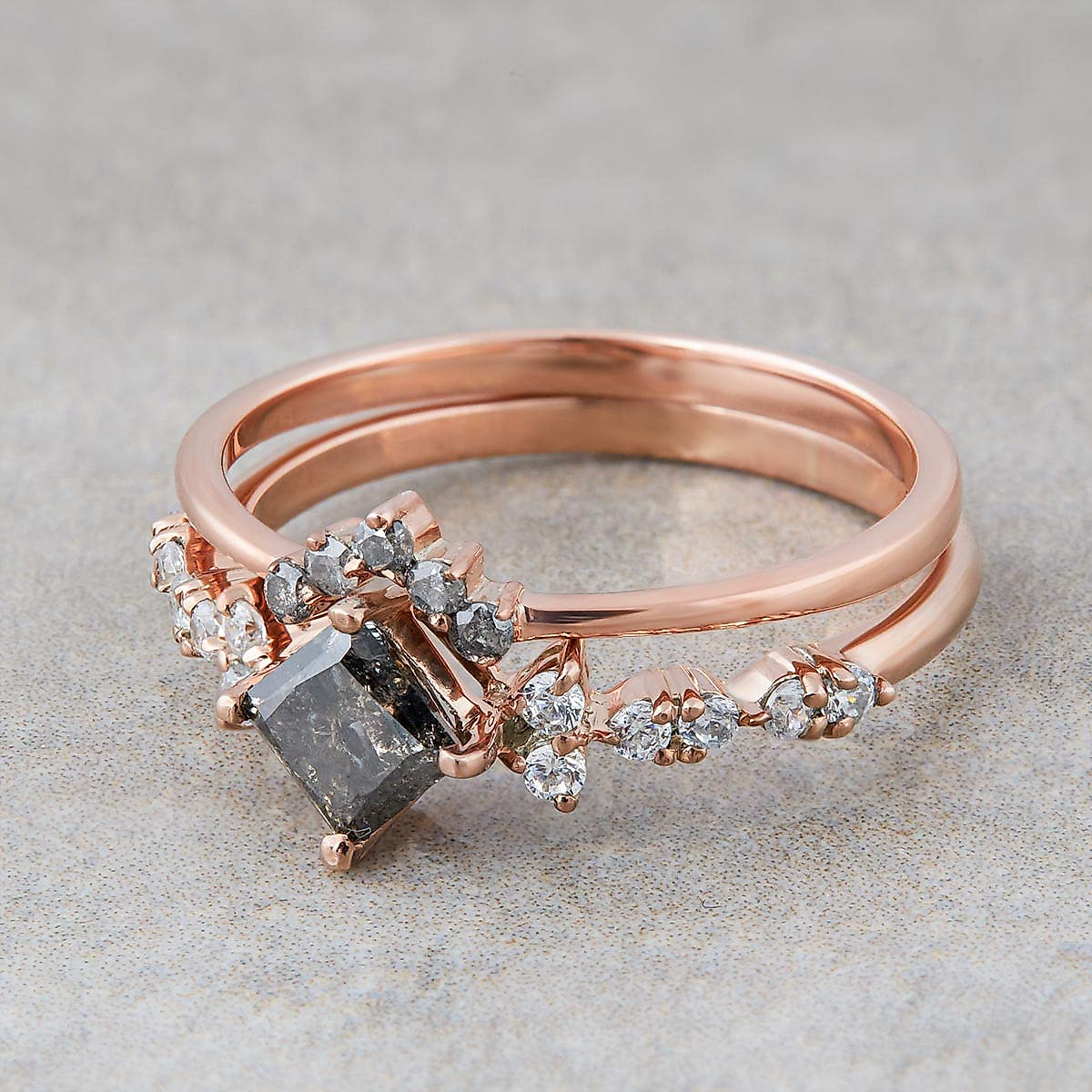 Dfine Jewelry Store 1/2CT Princess Salt and Pepper Diamond Engagement Ring Set For Women Rose Gold Finish 925 Sterling Silver (7.5)