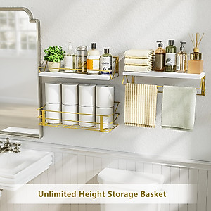 Love-KANKEI Floating Shelves Wall Mounted, Bathroom Shelves Over Toilet with Towel Bar,Wall Shelves with Storage Wire Basket, Wood Shelves for Bedroom Kitchen Living Room Books, Set of 3, White