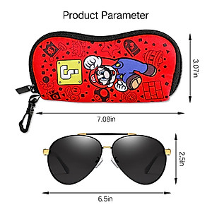 PERFECTSIGHT Kawaii Glasses Case, Neoprene Zipper Eyeglass Case with Clip, Cute Soft Sunglasses Travel Pouch for Women Kids (Red Mario)