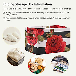 AUUXVA Red Rose Floral Flower Storage Basket Collapsible Cloth Storage Cube Basket Bins Organizer with Handles Rectangular Large Toys Shelf Closet for Nursery Bedroom Home Office