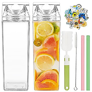 ZORRITA 2 Pack 17oz Milk Carton Water Bottles Clear Plastic Square Water Bottles with Straw, Brush and 50pcs Stickers Reusable for Juice, Ice Water