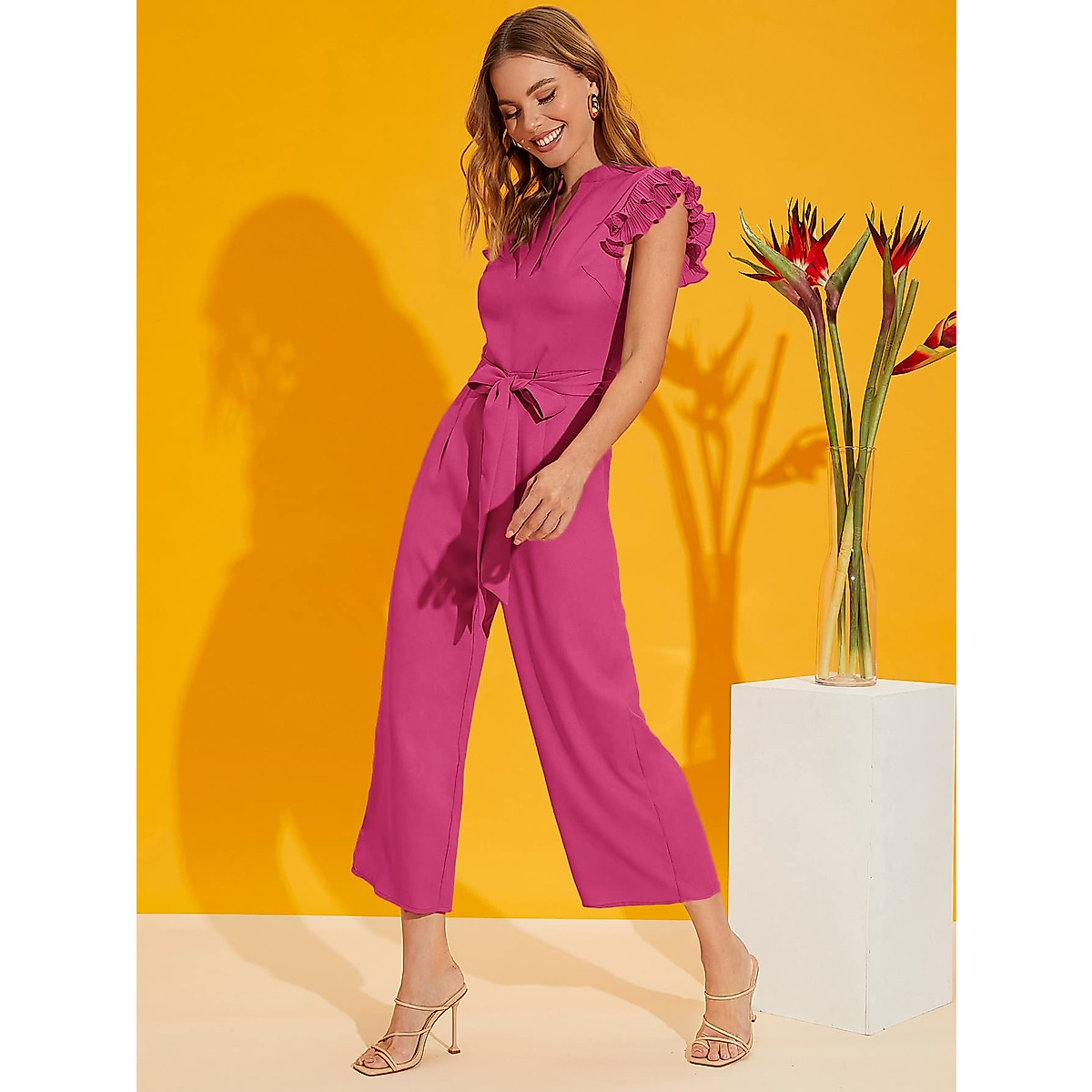 WDIRARA Women's LayePink Ruffle Cap Sleeve Notched V Neck Belted Jumpsuit Pants Pink L