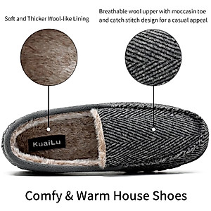 KuaiLu Mens Slippers Cozy Memory Foam Moccasin Slippers Fuzzy Warm House Shoes with Indoor Outdoor Rubber Sole Grey Size 9…