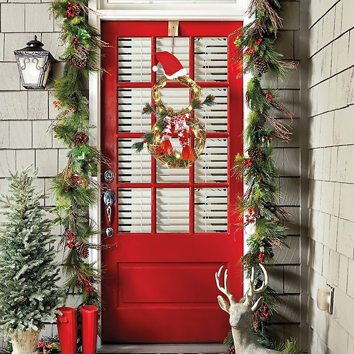 DearHouse Lighted Christmas Wreath Decoration Clearance, 16 x 8 Inch Grapevine Wreath with Hat and Scarf Snowman Shape Wreath for Front Door Home Garden Wall Decor