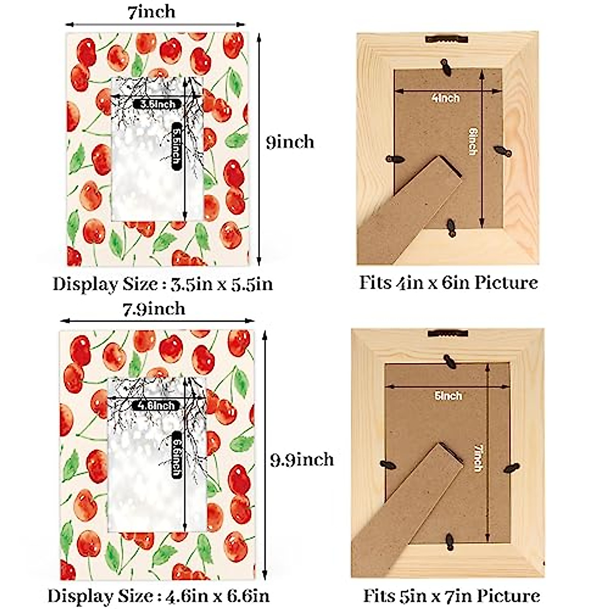 POFATO Cherry Fruit Pattern 4x6 Picture Frame Wood Photo Frame for Tabletop Display Wall Mount Picture Frame Display 4x 6 Inch Photo Wall Decor Home Gift Frames
