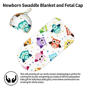 Colorful Owl Baby Swaddle Blanket and Hat Set Boy Girl, Soft Stretchy Sleep Sack Owl Gifts for Owl Lovers Receiving Blanket for Infants & Newborns