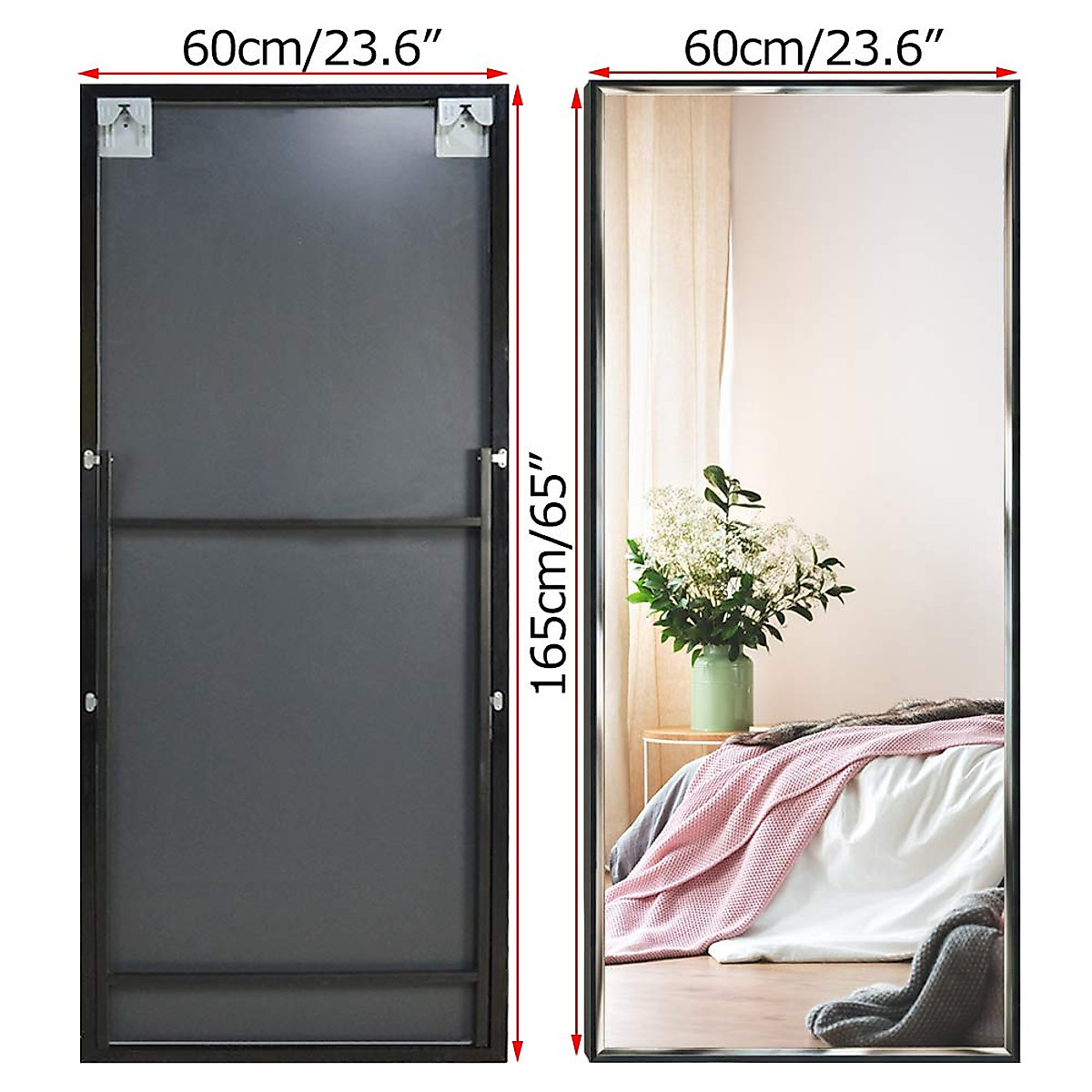 ZBEIVAN Full Length Mirror 65"x23.6" Standing or Wall Hanging, Vertical Black Frame HD Rectangle Full Body Tall Big Floor Stand up or Wall Mounted Mirror