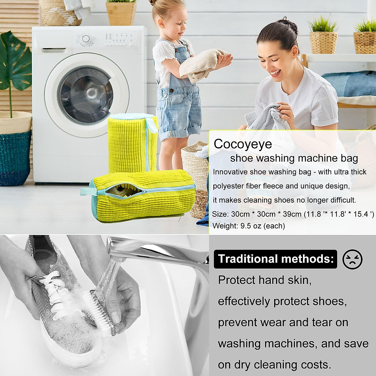 Cocoyeye Shoe washing machine bag, Laundry bag for shoes washer and dryer, Reusable and Durable Zipper Plush Sneaker Washing Machine Bag for Shoes, Gym, Tennis, Delicates and Slippers yellow 2pack