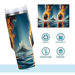 ODAWA Fire Water Baseball 30 Oz Water Tumbler with Lid and Straw Insulated Cup