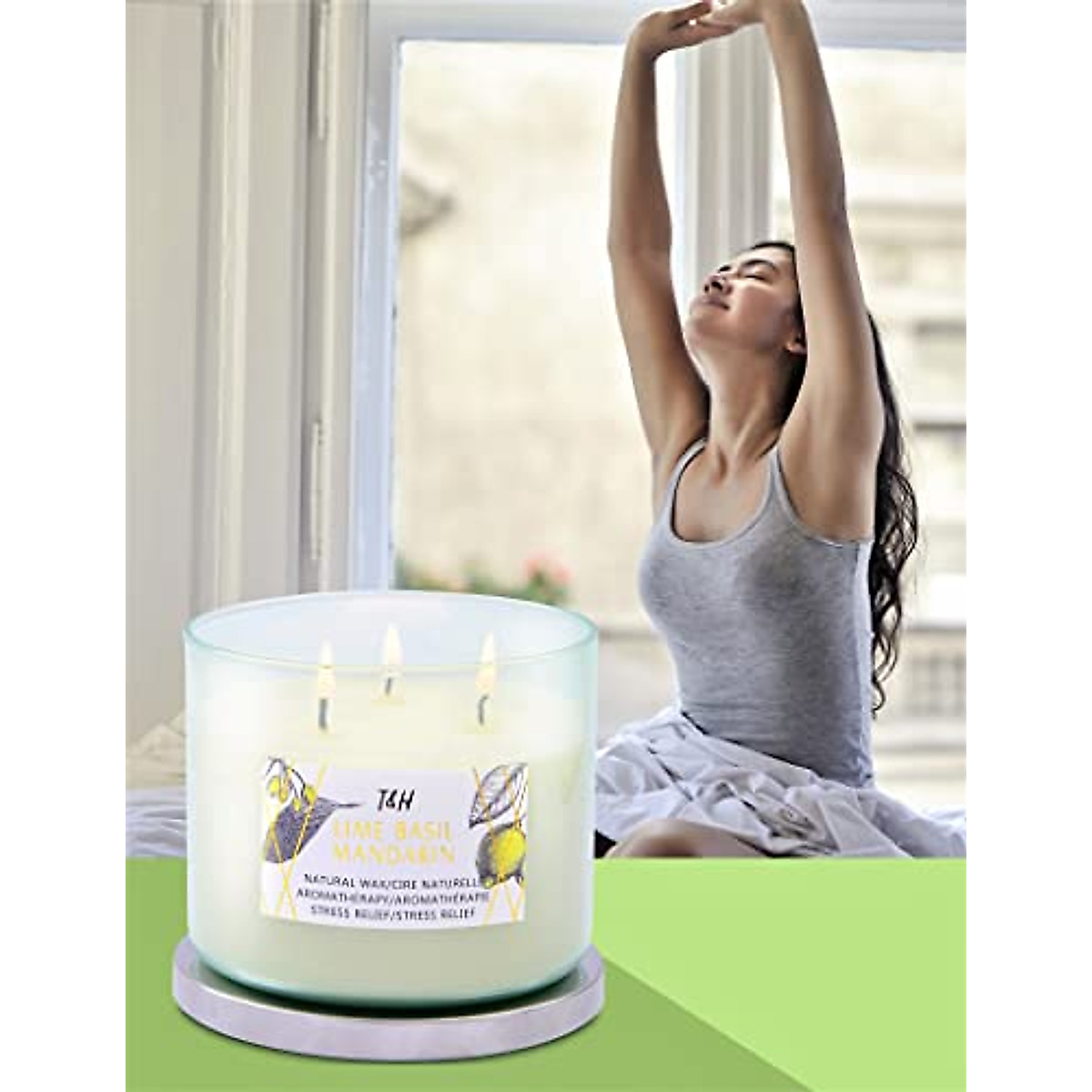 Lime Basil Mandarin 3 Wick Scented Candle with Sandalwood, Ginger & Sage | Natural Stress Relief Aromatherapy Candle 15.8 oz | Strong Scented Soy Candles for Home | Spring Candles for Men & Women