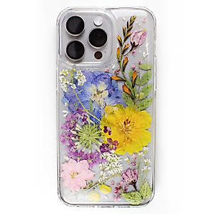 Dried Pressed flower real cute foral phone cover for Apple Iphone 15 Pro case, Clear bumper skin Soft silicone rigid back hybrid (For IPhone 15 Pro)