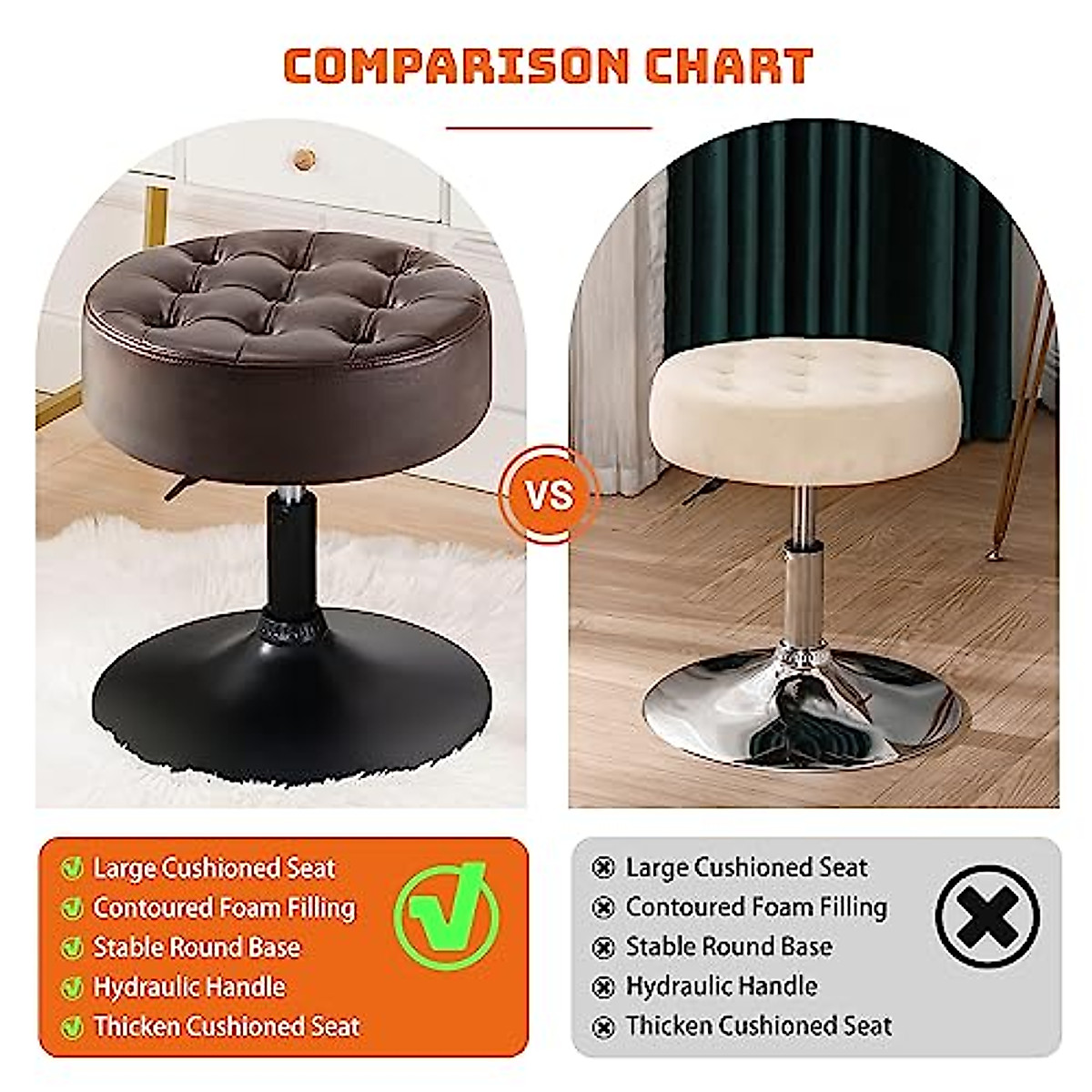 Furniliving Mid-Century Tufted Adjustable Swivel Makeup Ottoman Stool; Modern Big Size Round Vanity Stool Chair for Bedroom Living Room (BlackBrown)