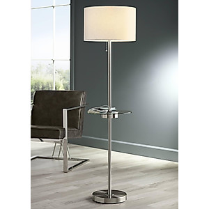 360 Lighting Caper Modern Floor Lamp with Tray USB and AC Power Outlet on Table Glass 60.5" Tall Satin Nickel White Fabric Drum Shade for Living Room Reading House Bedroom