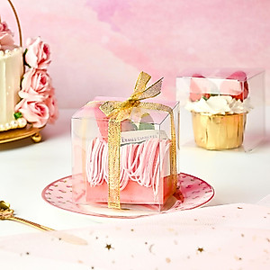 Ohuimrt 45 Pack Clear Favor Boxes, 3 x 3 x 3 Inches Transparent Plastic Gift Boxes with Ribbon Individual Macaron Boxes Candy Boxes Party Favor Boxes