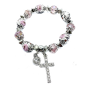 Nazareth Store Religious Cross Bracelet Christian Classic Beaded Bangle with Pink Crystal Beads Sacred Gift for Women & Men