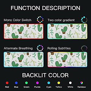 Large RGB Gaming Mouse Pad Cactus Plants Editorial Decoration Purposes Glowing Extended Mousepad 35.4x15.7in, Soft Anti-Slip Rubber Base Luminous Mouse Mat for Pc Laptop, Gaming, Office, Home