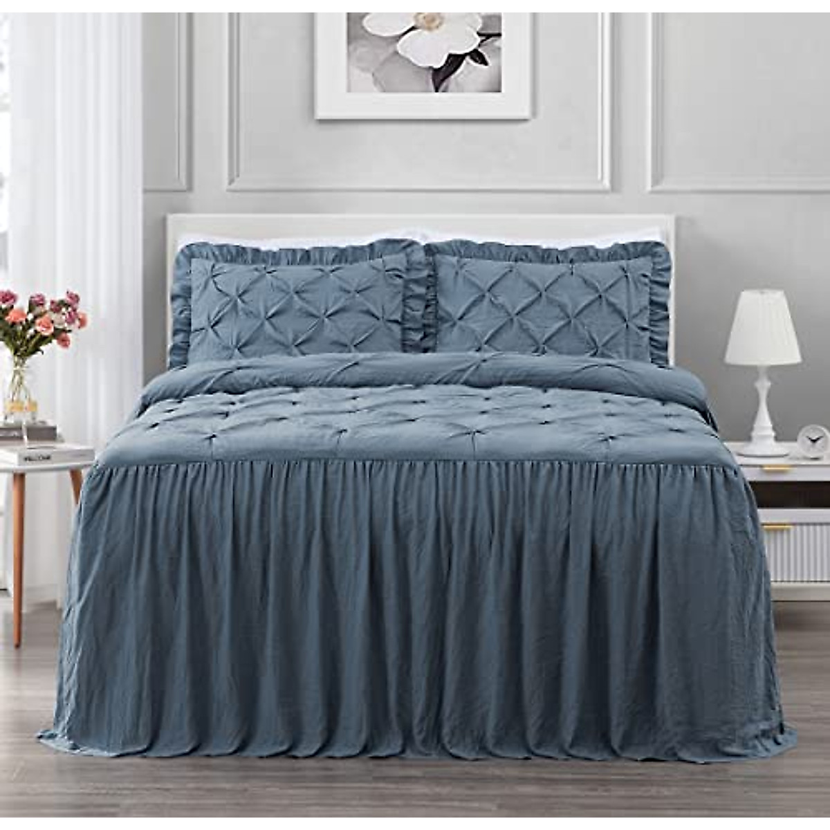 Chezmoi Collection Aria 3-Piece Pinch Pleat Pintuck Ruffle Skirt Bedspread Set - French Country Chic Farmhouse - California King, Dusty Blue