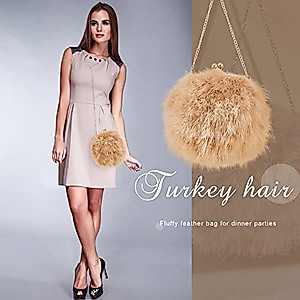 Women's Feather Clutch Purse Faux Fluffy Feather Round Clutch Shoulder Crossbody Bag Vintage Evening Bags with 2 Chains for Girls, Light Camel