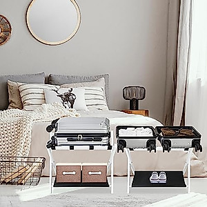 Luggage Rack 4 Pack, Luggage Racks with Heavy Duty Nylon Belts, Folding Space saving Luggage Stand, Wood Suitcase Holder Shelf For Bedroom, Luggage Racks with Nylon Shoe Rack, White