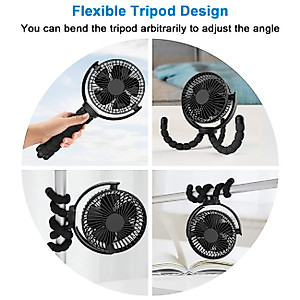 Portable Rechargeable Baby Stroller Fan, 5000mAh Battery Operated Tripod Clip on Fan, 20 Hours Work, 3 Speeds, Small USB Handheld Personal Fan, Ideal for Desk, Treadmill, Outdoor, Golf Cart, Car