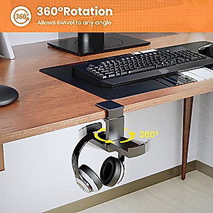 Dual Headphone Stand - Klearlook 2 in 1 360°Rotating Headphone Hook for Desk, Clamp Adjustable Twin Headset Holder Under Desk with Cable Organizer,Headphone Hanger for Gaming Headset,Controller-Black