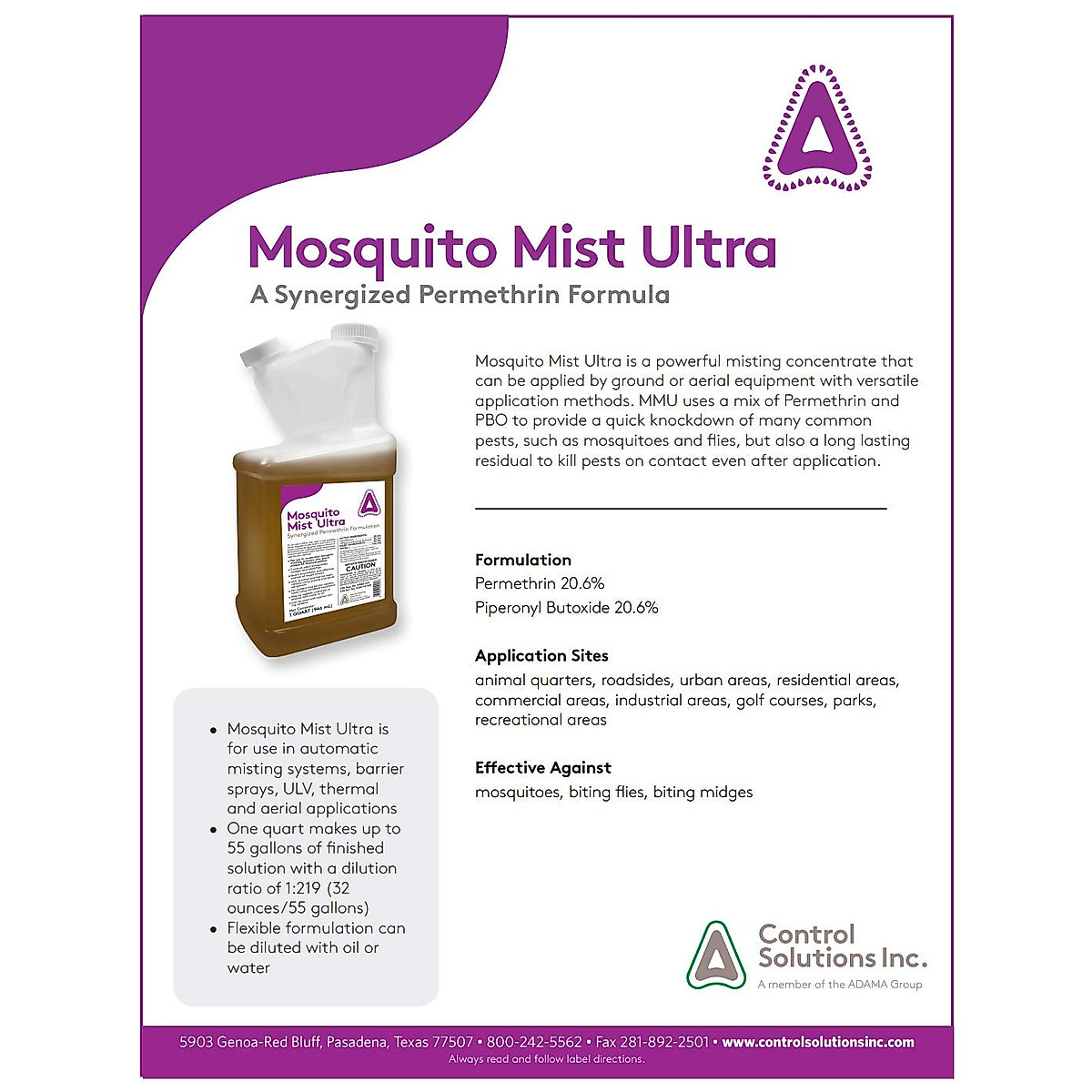 Control Solutions Mosquito Mist Ultra - Synergized Permethrin Formulation (1 Quart)
