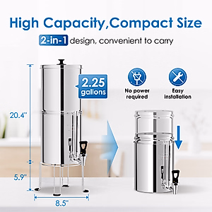 Waterdrop Gravity-fed Water Filter System with 4 Filters, Metal Water Level Spigot and Stand, 2.25G Stainless-Steel System, Reduces Chlorine-King Tank Series
