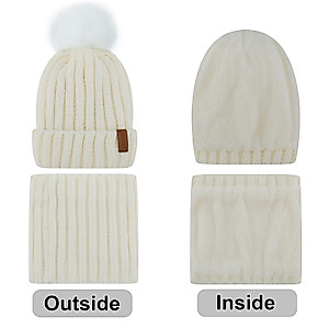 Women Winter Hat Scarf Gloves 3 in 1, Fleece Lined Thick Warm Beanie Hats for women, Knit Slouchy Skull Caps with Pom Pom